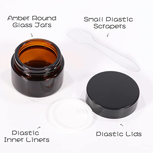 1 oz Amber Round Glass Jars with Plastic Lids and Inner Liners,Empty Cosmetic Bottles For Beauty Products, Lotion, Powders and Ointments.Set of 15 Pack.