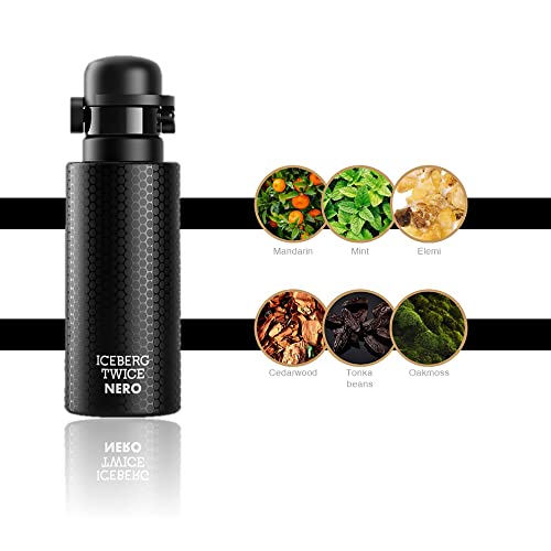 ICEBERG Twice NERO - Exhilarating Personal Fragrance For The Modern Gentleman - Classic EDT Spray Cologne For Men - Vibrant And Fruity Notes Of Mandarin, Mint, Elemi, Cedarwood, And Oakmoss - 4.2 Oz