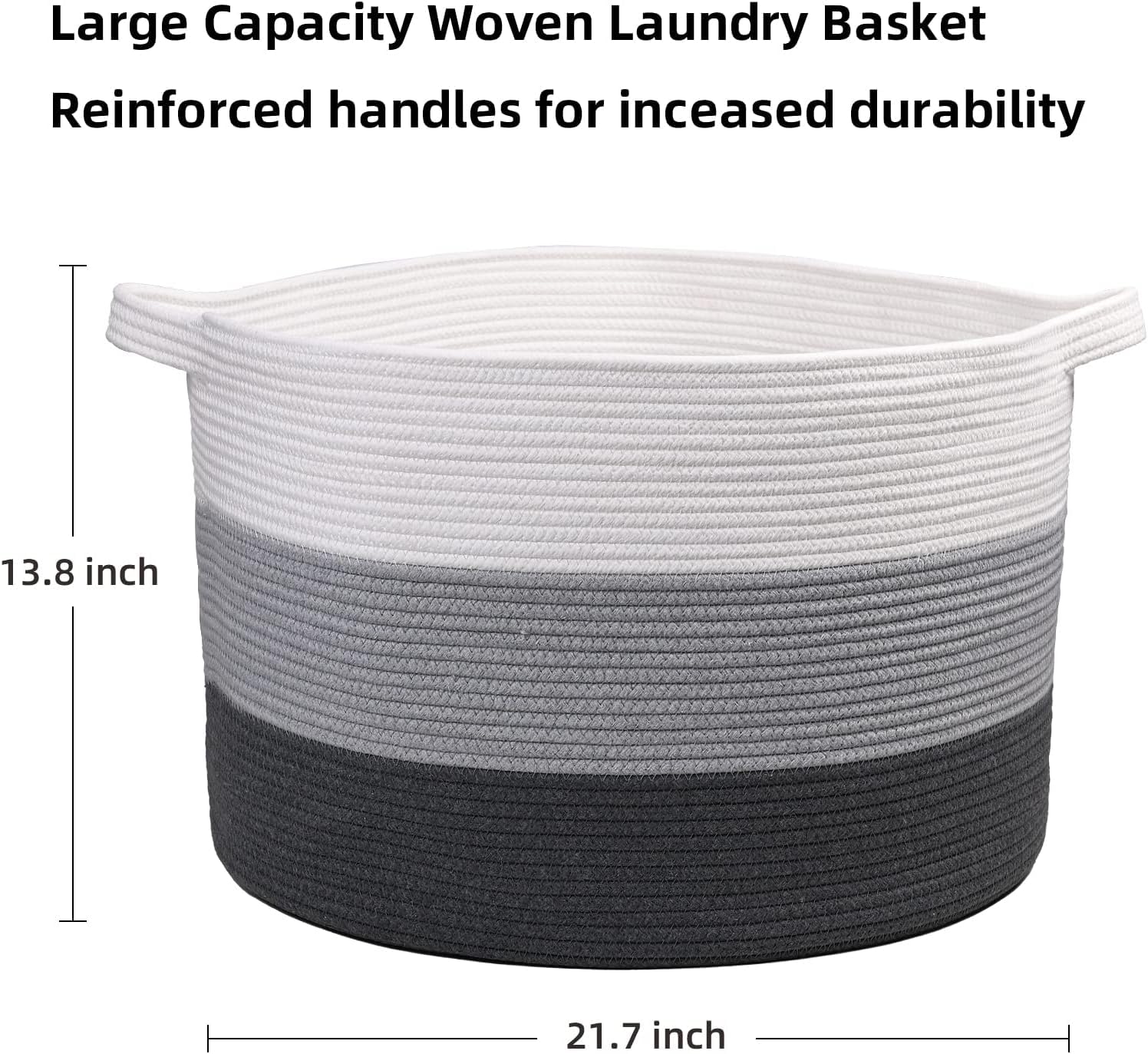 Handmade Large Cotton Rope Storage Basket, Laundry Hamper for Nursery, Woven Rope Laundry Hamper, 87L Laundry Basket for Blankets, Cotton Rope Basket with Handles, Clothes Organizer Grey & White