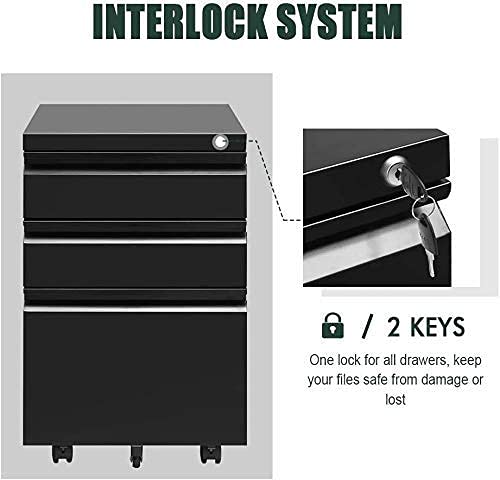 Black File Cabinet, 3 Drawer Mobile File Cabinet with Lock and Wheels, Under Desk Metal Filing Cabinet for Office,Lockable Rolling Cabinet with 2 Keys for Legal/Letter/A4 Size, Fully Assembled (A)