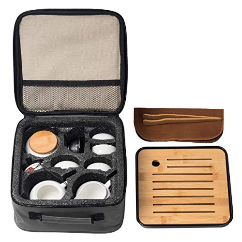 Lyty Chinese Tea Pot Cup Set with Tray Infuser - Travel Ceramic Tea set Porcelain Teapot, Portable All in One Gift Bag for Outdoor Picnic Business Hotel (White)