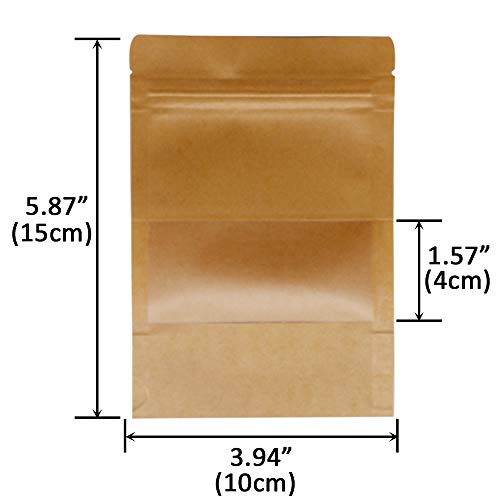 Belinlen 300pcs 3.94x5.87" Kraft Stand Up Pouches Zip Lock Food Storage Bags with Matte Window Multipurpose Kraft Paper Bags Reusable, Heat-Sealable