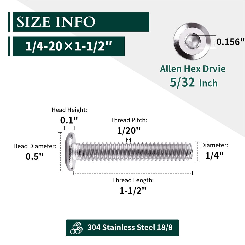 1/4-20 x 1-1/2" Hex Socket Head Cap Screws, 304 Stainless Steel 18-8, Chamfered Countersunk Machine Screws for Furniture, Binding, Machinery, Automotive, DIY Projects, 50 PCS