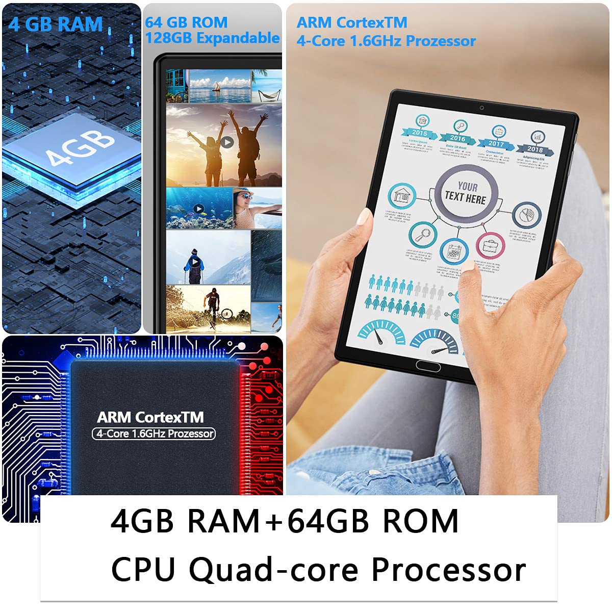 Tablet 10 inch, Android 11.0 GMS Tablets with 4GB RAM 64GB Storage, 128GB Expandable, Quad Core, 10" 1280x800 IPS HD Screen, 6000mAh Battery, 13 MP Camera Support 5.0 Bluetooth, GPS, Dual Wifi 5G＆2.4G