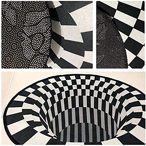 3D Rug, Removable Magic Floor Visual Illusion Shaggy Rug,Sofa Round Blanket,Black White Plaid Round Square Rugs Anti-Skid Non-Woven Durable Doormat 3D Visual Floor Rug Carpet for Living Room,A,0.6×0.6