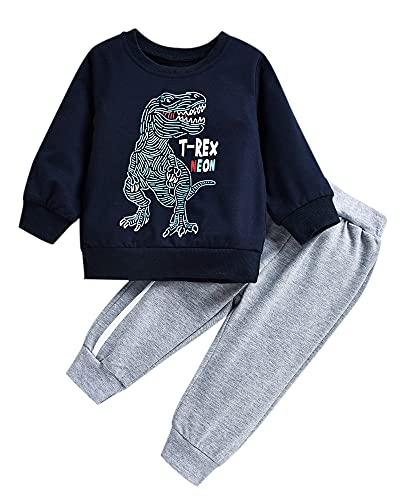 HIHA Dinosaur Outfits Boys 12-18 Months T-Rex Dinosaur Clothes Toddler Boy Sweatsuit Long Sleeve Navy Sweatshirts Grey Jogger Pants Set Little Boys Fall Winter Outfits(Gray, 12-18 Months)