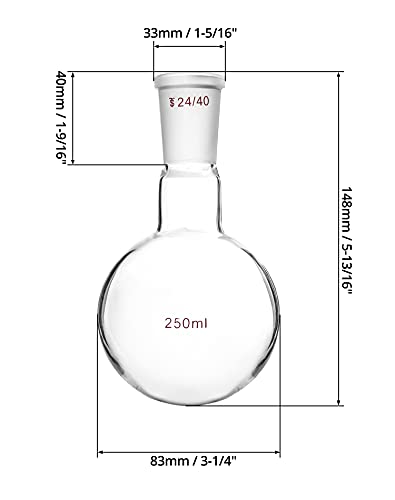 QWORK Glass 250ml Single Neck Flat Bottom Boiling Flask, 24/40 Standard Taper Outer Joint, 250ml