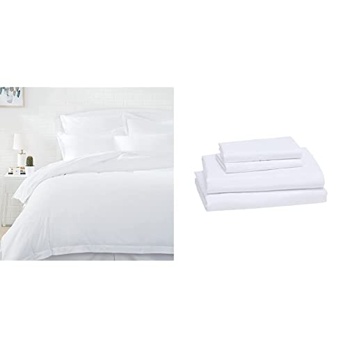 AmazonBasics Lightweight Super Soft Easy Care Microfiber Bed Sheet Set with 16" Deep Pockets - Full, Bright White & Light-Weight Microfiber Duvet Cover Set with Snap Buttons - Full/Queen, Bright White