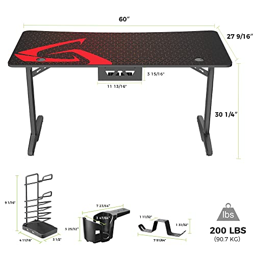 Eureka Ergonomic 60'' Gaming Desk, T-Shaped Carbon Fiber Surface Computer Desk with Free Mouse Pad,Large PC Gamer Desk Gaming Table with USB Handle Rack Cup Holder Headphone Hook,Black