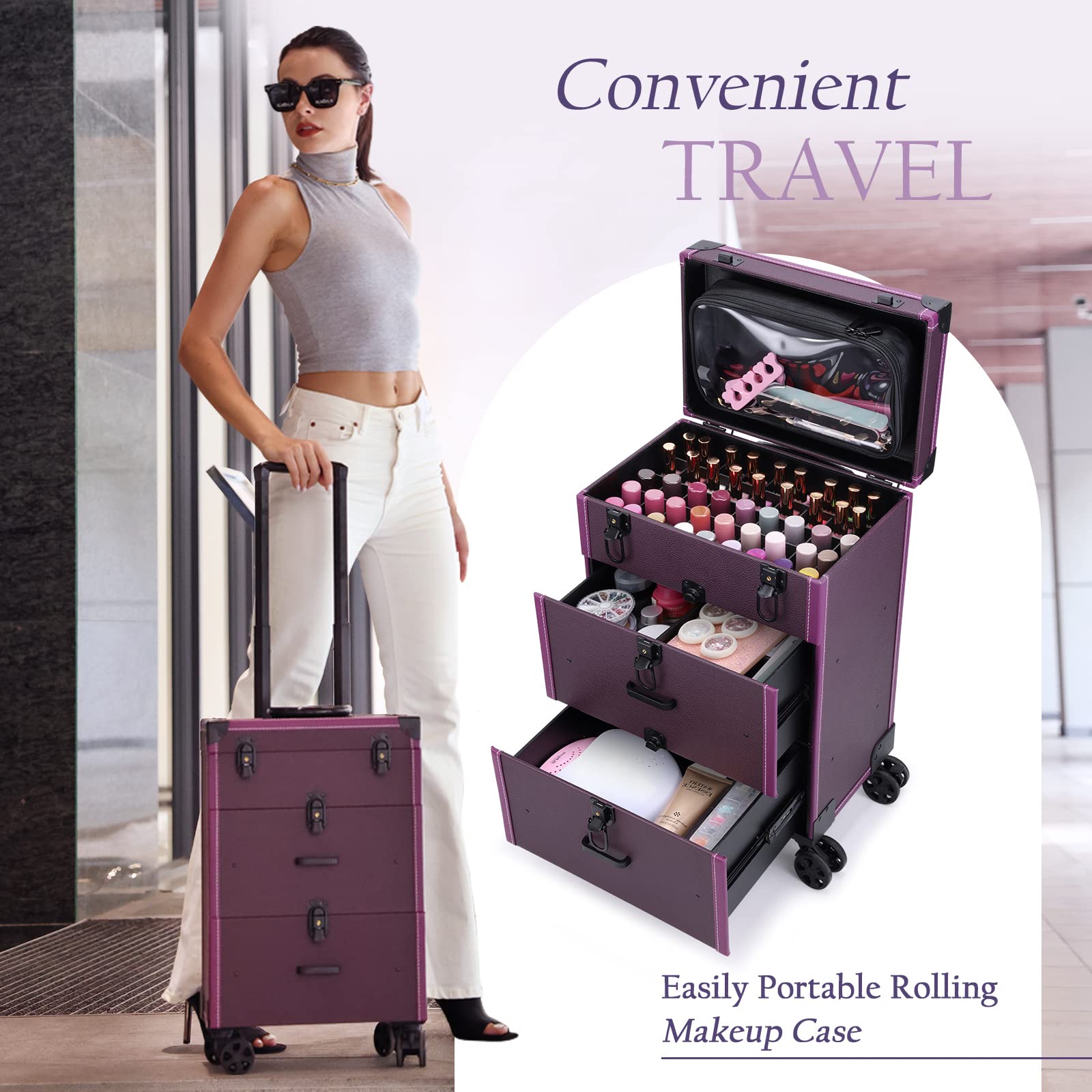FRENESSA Rolling Nail Case Wheeled Manicure Storage Case Polish Organizer Professional Makeup Trolley for Studio or Travelling Nail Technician Artists Cosmetologist Stylist - Purple Vegan Leather