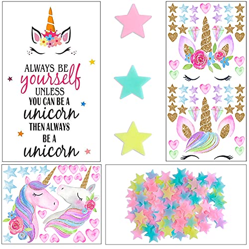 3 Sheets Unicorn Wall Decals Removable Unicorn Wall Stickers,Bring 100 Pcs Stars Noctilucent Stickers.Murals Decals for Wall Decorate Kids Bedroom Room Decoration