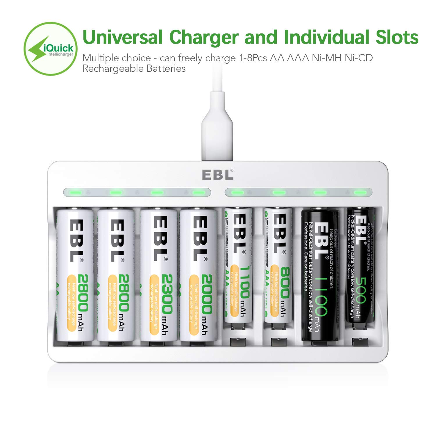 EBL Rechargeable AA Batteries 2800mAh (12 Pack) and AAA Ni-MH Rechargeable Batteries 1100mAh (4 Pack) with 8-Bay AA AAA Individual Battery Charger