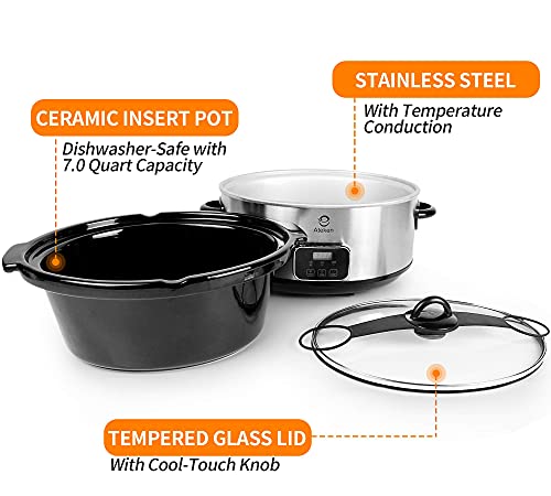 Ateken Slow Cooker 7 Quart Crock Digital Programmable with Clip-tight Lid for Easy Transport Stainless Steel Set Silver