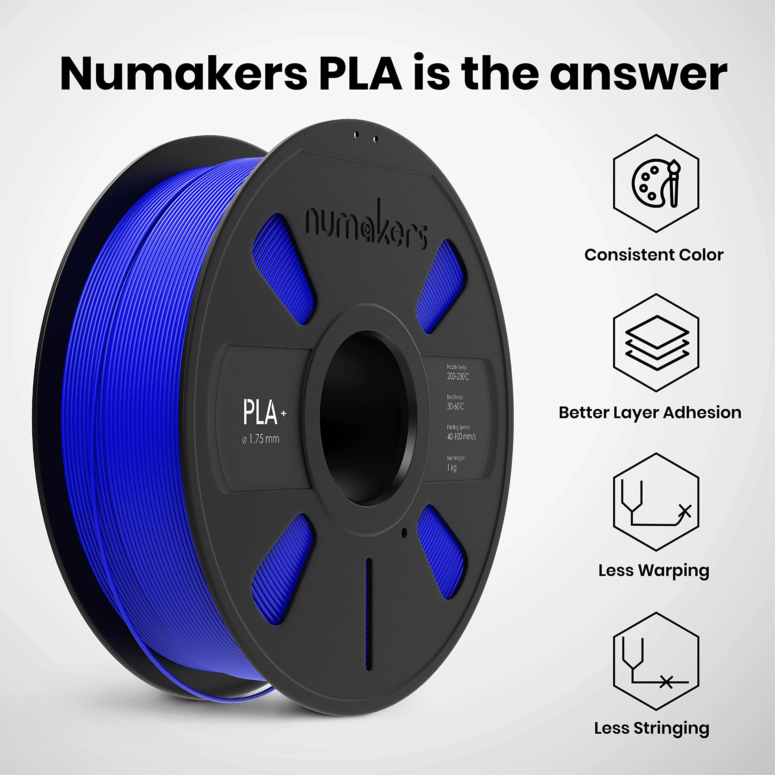 NUMAKERS PLA Plus (PLA+) 3D Printer Filament, 1.75mm, Dimensional Accuracy +/- 0.03 mm, 1 kg Spool (2.2 lbs), Compatible with Most FDM Printers (Blue)