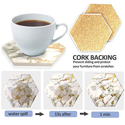 8 Pcs Drink Coasters with Metal Holder Stand, Marble Design Ceramic Coaster Set, Cork Base, for Tabletop Protection, Home Decor, Bar Coasters (Golden)