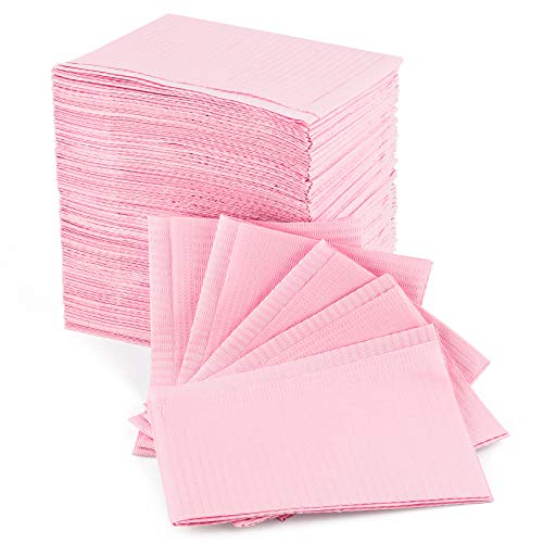 Annhua Dental Bib Polyback Towel Waterproof Patient Bibs Measuring Paper Napkins for Dental Clinic, Tattoo Piercing, Feeding, Soft and Fluid Resistant - 13'' x 18" - Pink (125)