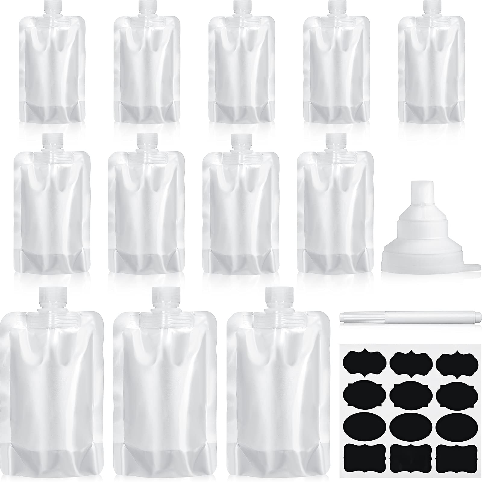 Zopeal 12 Pieces Portable Travel Fluid Makeup Packing Bag, Transparent Clamshell Packaging Bags Stand Up Fluid Makeup Bags with Folding Funnel Black Stickers Chalk Pen for Women Travel Supplies