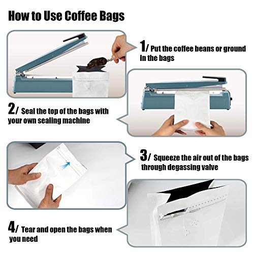 50 Pieces 12 Ounce White Kraft Paper Coffee Bags, Stand Up Coffee Pouches with One Way Degassing Valve and Reusable Side Zipper (Pull Tab to Open) Flat Bottom - Stand Up Well (12oz, 340gram)