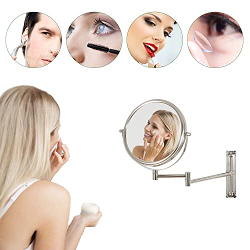 10 times magnification makeup mirror, wall-mounted makeup mirror can be moved up and down 8-inch bathroom double-sided mirror 360-degree rotation, 180-degree retractable folding brushed nickel