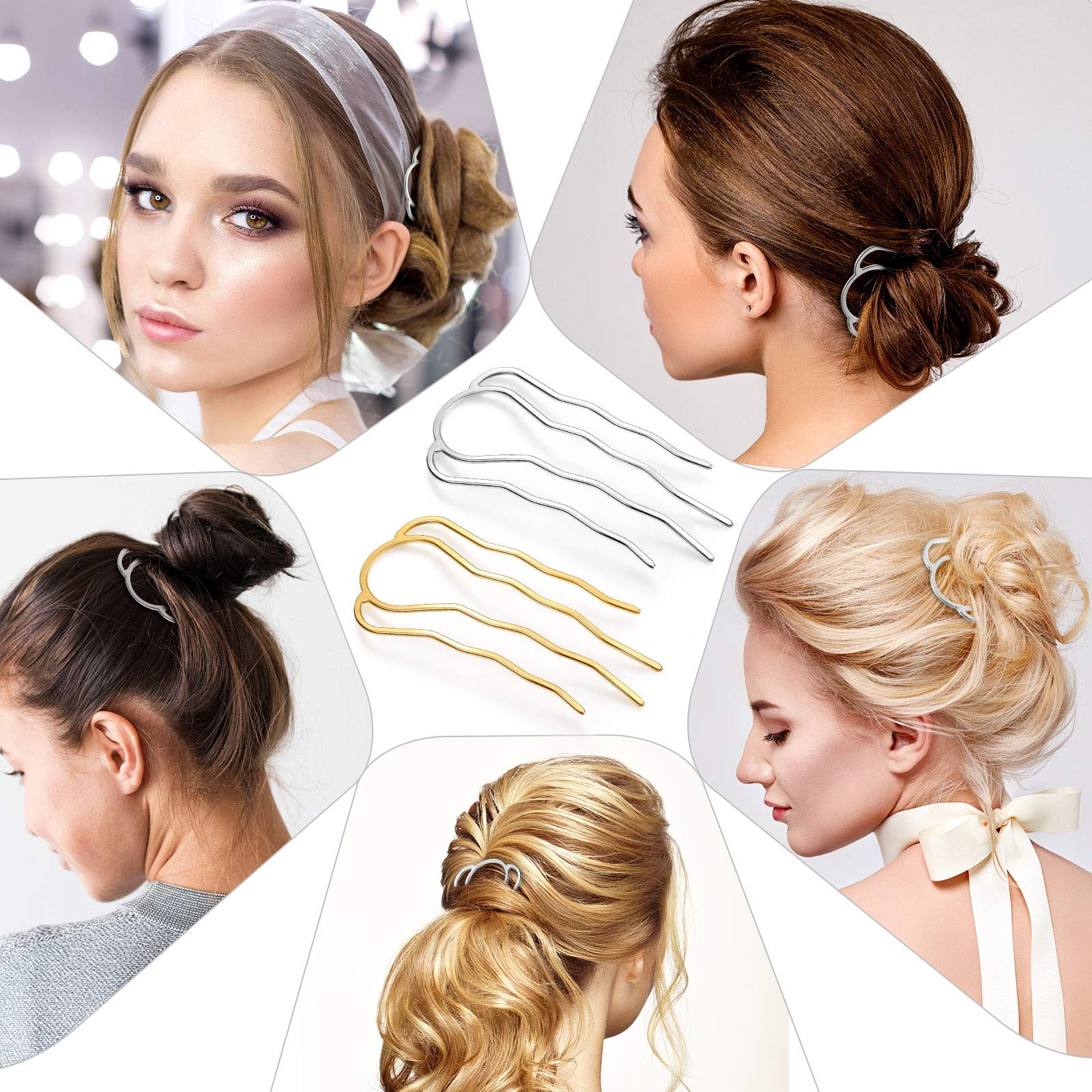 10 Pieces Metal U-Shape Oval Side Comb Hairpin Hair Fork Clip Stick Hair Bun Updo Sticks Gold Silver Chignon Pin Grips for Women Styling Tool Accessories