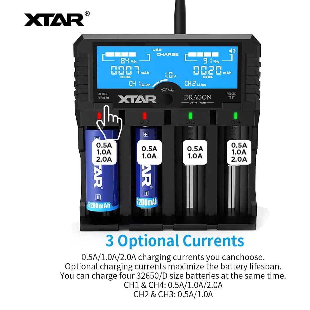 XTAR Dragon VP4L Plus Professional 18650 Capacity Tester Universal 18650 Charger for Rechargeable Batteries Li-ion 21700 26650 14500 16340 Ni-MH AA AAA D with USB Output and Battery Repair Function