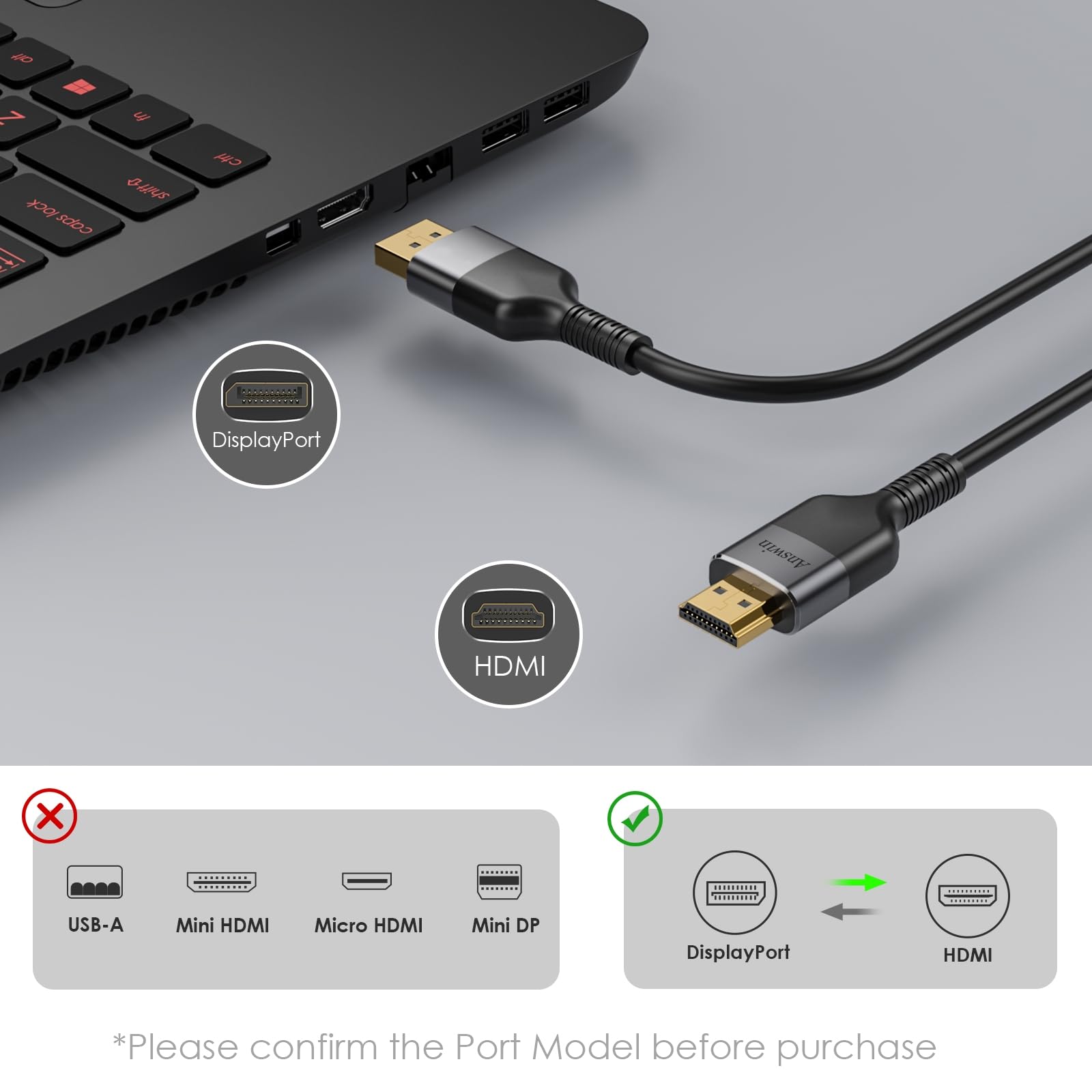 Answin DisplayPort to HDMI, 8K@30Hz DisplayPort to HDMI Cable(4K@60Hz, 2K@165Hz/144Hz) UniDirectional DP to HDMI Cable Compatible for PC, HP, DELL, GPU, AMD, NVIDIA and More-6ft