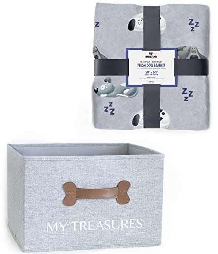 BULLTUG - Dog Toy Bin and Ultra-Soft Dog Blanket (2pc Set) - Rectangular Toy Storage Basket and Premium Plush Throw