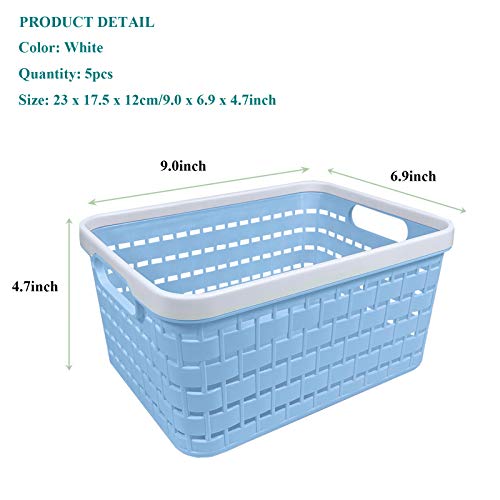 5Pack Plastic Storage Basket Blue, Desktop Weave Baskets with Handle, Portable Bathroom Open Storage Bin, Small Plastic Containers Shelf Brackets for Shelves Countertop Kitchen Cabinet Office