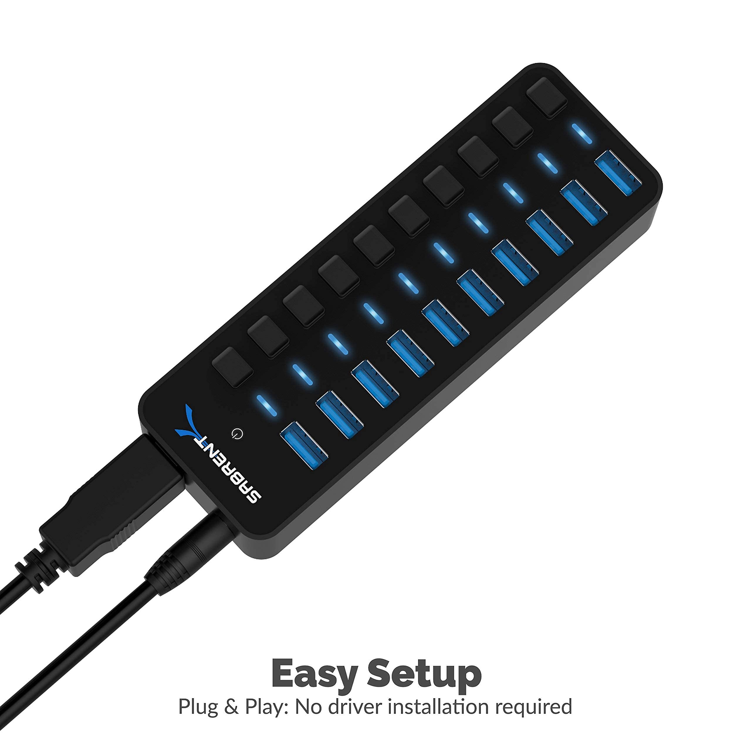 10 Port 60W USB 3.0 Hub with Individual Power Switches and LEDs Includes 60W 12V/5A Power Adapter+USB External Stereo Sound Adapter for Windows and Mac. Plug and Play No Drivers Needed
