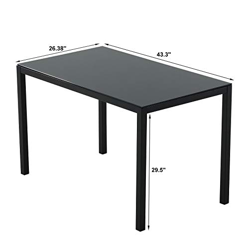 Black Glass Dining Table, Tempered Glass Top Table Metal Legs Rectangular for Small Kitchen Dining Room Living Room 4 People