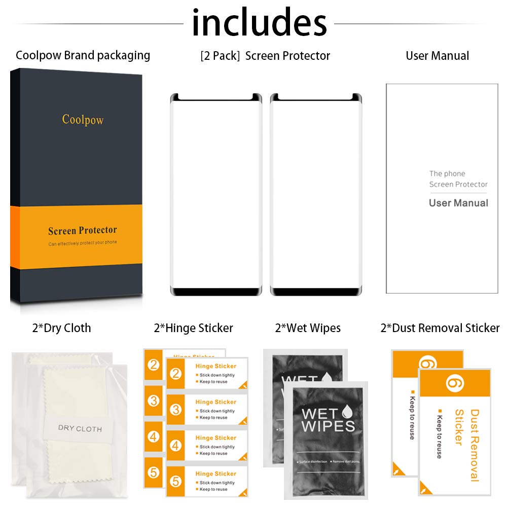 【2-PACK】Coolpow Designed for Samsung Galaxy Note 8 Screen Protector, Case Friendly, Anti-Bubble,3D Curved,Full Screen Coverage,9H Hardness,HD Clear, Samsung Note 8 Screen Protector Tempered Glass Film