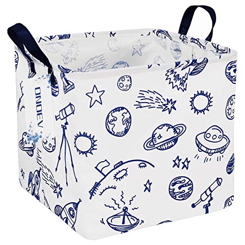 ONOEV Square Fabric storage box, decorative basket and finishing basket with handle are used for the storage of clothes, books and sundries (Blue Planet)