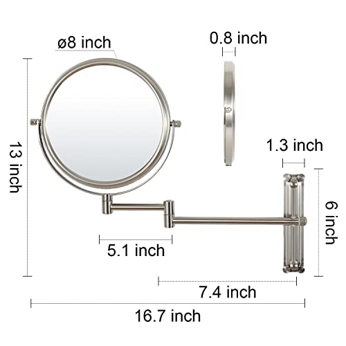 10 times magnification makeup mirror, wall-mounted makeup mirror can be moved up and down 8-inch bathroom double-sided mirror 360-degree rotation, 180-degree retractable folding brushed nickel