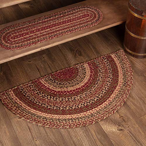 VHC Brands Cider Mill Half Circle Jute Rug 16.5x33 Country Braided Flooring, Burgundy