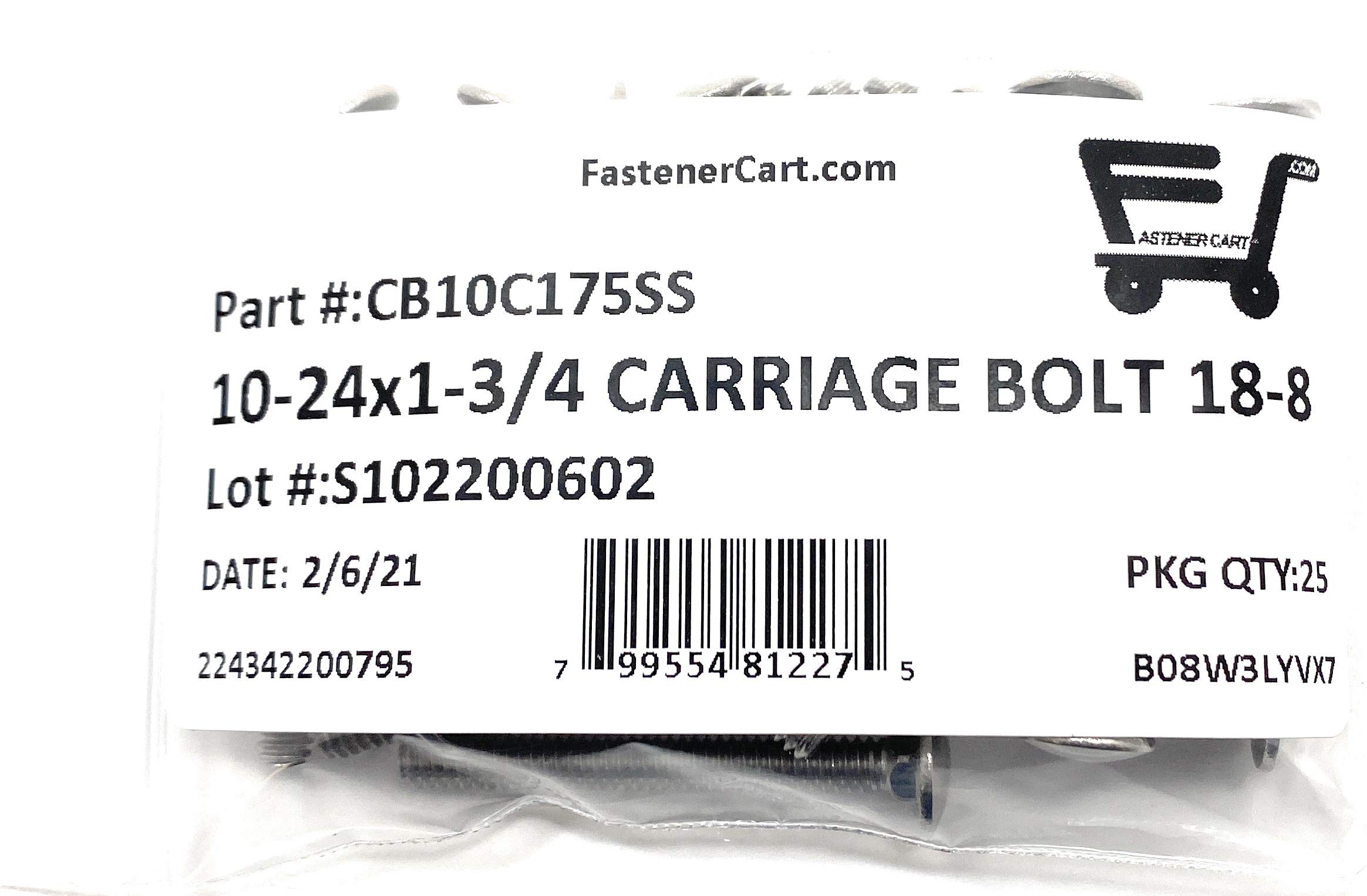 10-24x1-3/4 Carriage Bolts Stainless Steel 18-8 (25 Pieces)