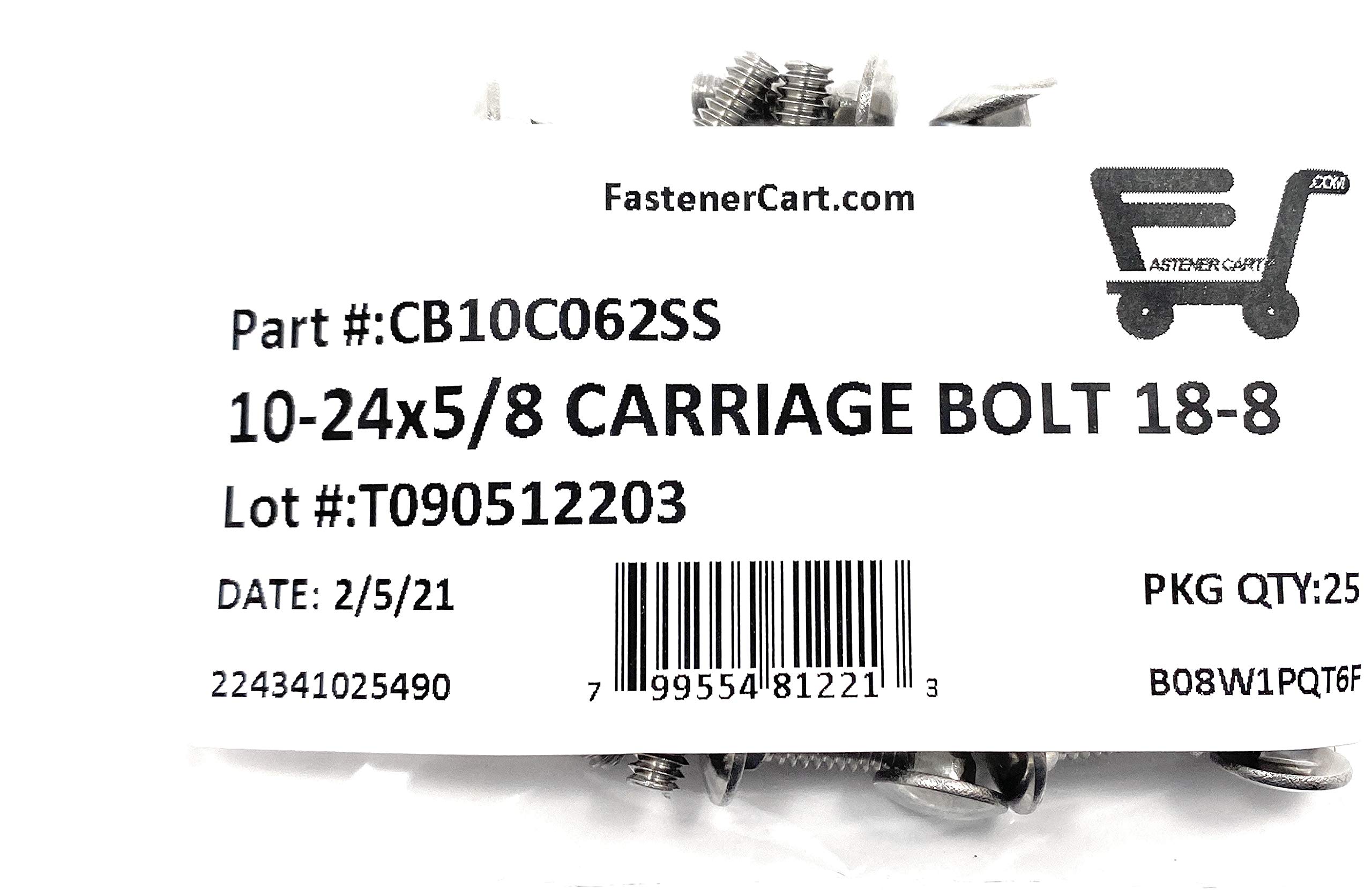 10-24x5/8 Carriage Bolts Stainless Steel 18-8 (25 Pieces)