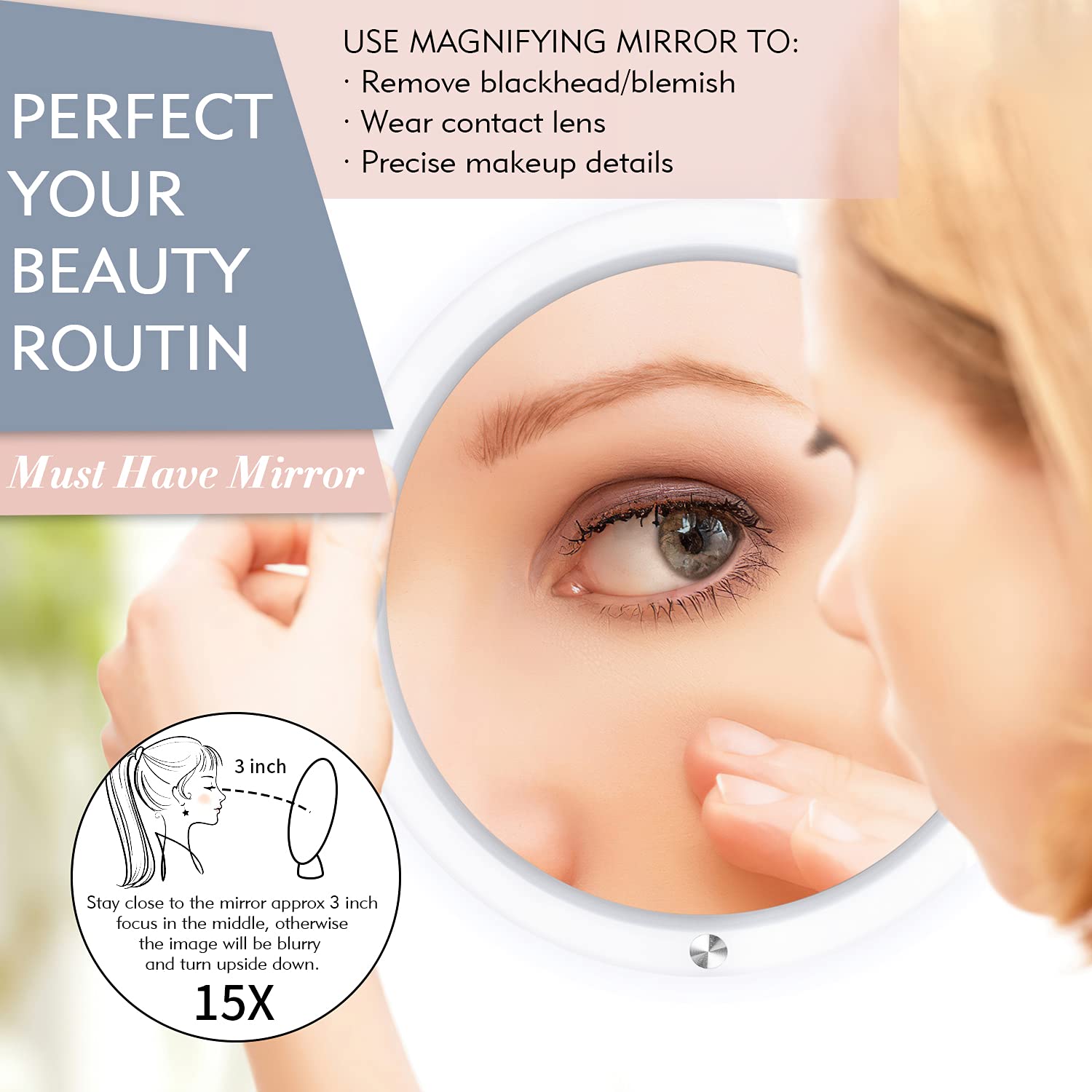 15x Magnifying Mirror with Light & Tweezers - Lighted Makeup Mirror with Strong Magnification for Precise Makeup, Plucking, Lighted Magnified Mirror w/Suction Cup for Bathroom, Dual Power , 8"
