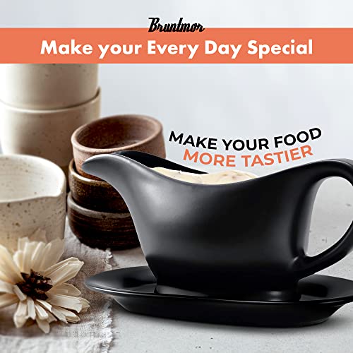 Bruntmor 11 Oz Black Ceramic Gravy Boat With Tray, 11 Ounce Small Ceramic Serving Dish, Dispenser with Tray For Sauces, Dressing and creamer, Gravy Boat With Saucer For Thanksgiving And Christmas