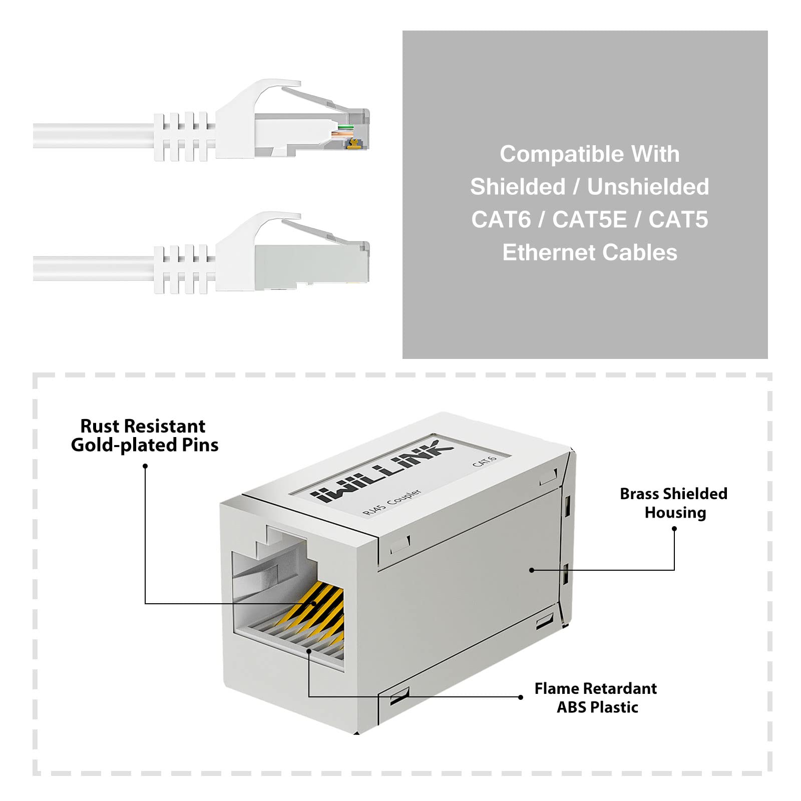 iwillink 5-Pack Shielded Cat6 RJ45 Inline Couplers, Female to Female Ethernet Coupler, RJ45 Coupler for Cat6/Cat5e/Cat5 Ethernet Cables, Ethernet Extender Adapter in Silver