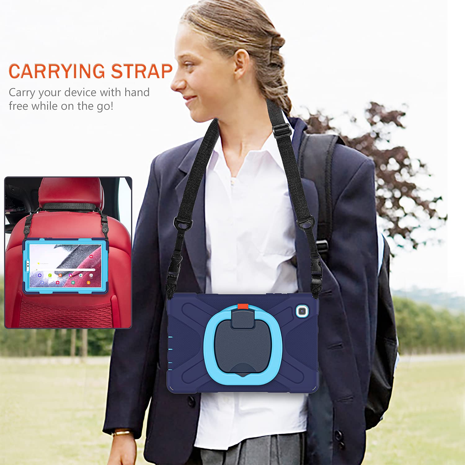 Case for Samsung Galaxy Tab A7 Lite 8.7'' with Pencil Holder - Rotating Handle Grip &Stand -Shoulder Strap, SCSVPN Rugged Protective Kids Case for Galaxy Tab A7 Lite 2021 SM-T220/T225/T227, Navy/Blue