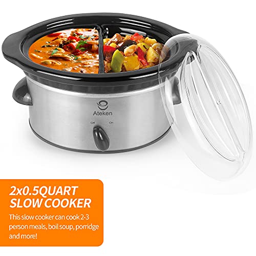 Ateken Supper Mini Slow Cooker 2x0.5 Quart Oval Double-Flavor Black Ceramic Pot Stainless Steel Silver Suit for Dipping Sauce