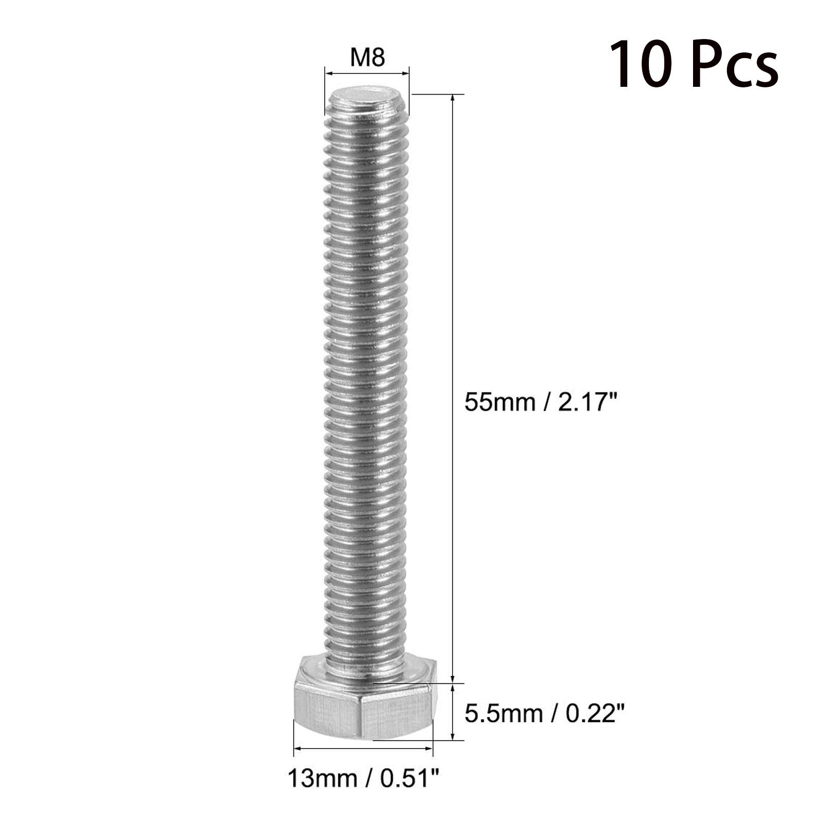 10 Pcs M8 Hex Bolt M8-1.25 x 55mm UNC Hex Head Screw Bolts A2-70(304) Stainless Steel Fully Threaded Hex Tap Bolts,Plain Finish,Fully Threaded (M8 x 55mm)