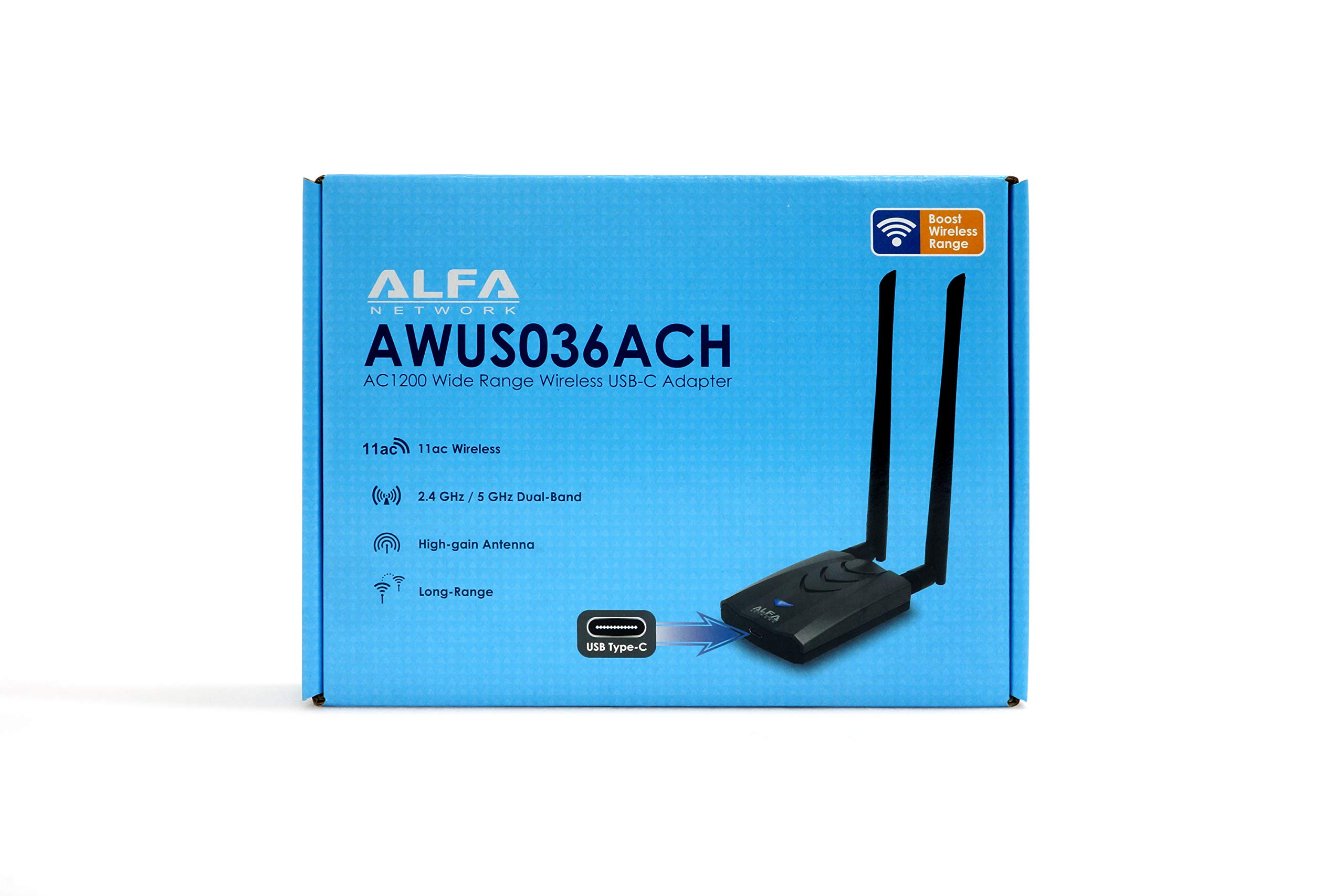 【New Version Type-C WiFi USB】 ALFA AWUS036ACH Long-Range Dual-Band AC1200 Wireless Wi-Fi Adapter w/2x 5dBi External Antennas – 2.4GHz 300Mbps/5GHz 867Mbps – 802.11ac & A, B, G, N