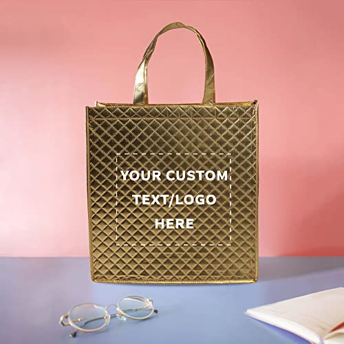 DISCOUNT PROMOS Custom Luxurious Laminated Tote Bags Set of 50, Personalized Bulk Pack - Reusable, Great for Shopping, Beach, Wedding Favors - Gold