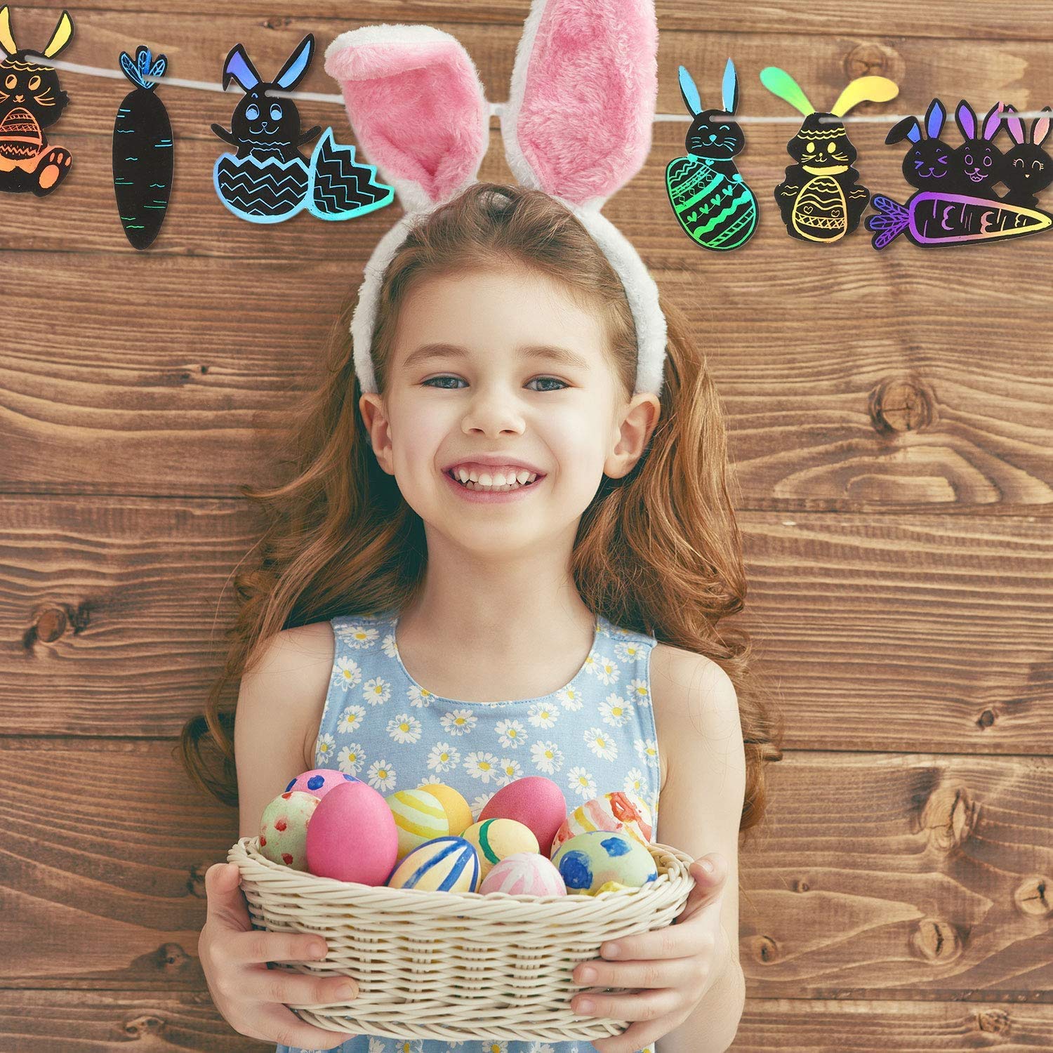 [48+48+12], Linkbro Easter Scratch Crafts Art Kit, Colorful Rainbow Scratch Paper Card, Easter Egg Bunny Chick Shape with Ribbons Wooden Scratch Tools abd Envelopes for Easter Party Egg Hunt Game