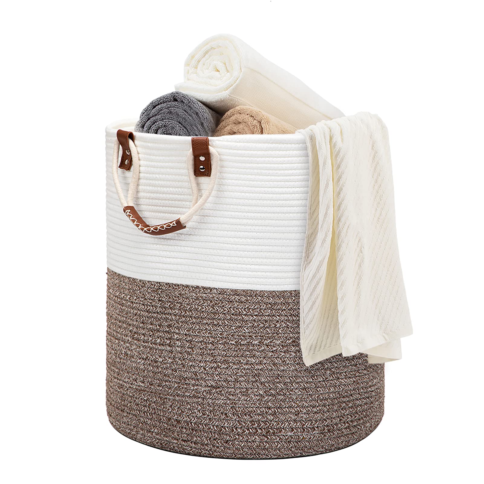 WSNYY Large Cotton Rope Basket, Storage Basket, Woven Laundry Hamper, Toy Storage Bin, Nursery Storage Basket, Baby Bin Organizer, White & Brown, 17x19 Inches