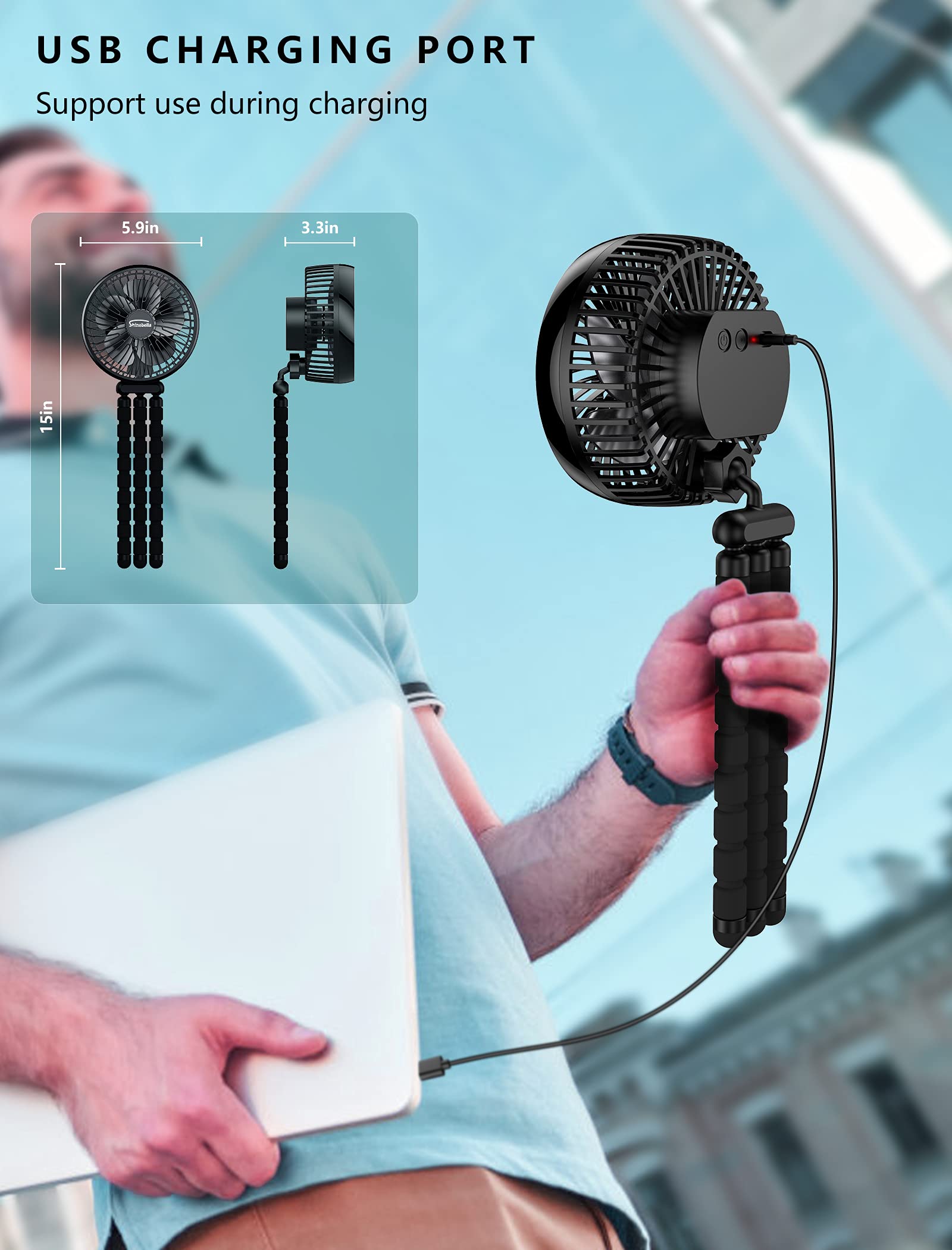 10000 mAh Portable Stroller Fan with 3 Mode LED Lights, Battery Operated Clip on Fan with Flexible Tripod, Rechargeable Desk Fans, 4 Speeds, Max 63 hrs, USB Powered,360°Rotation, for Car, Camping