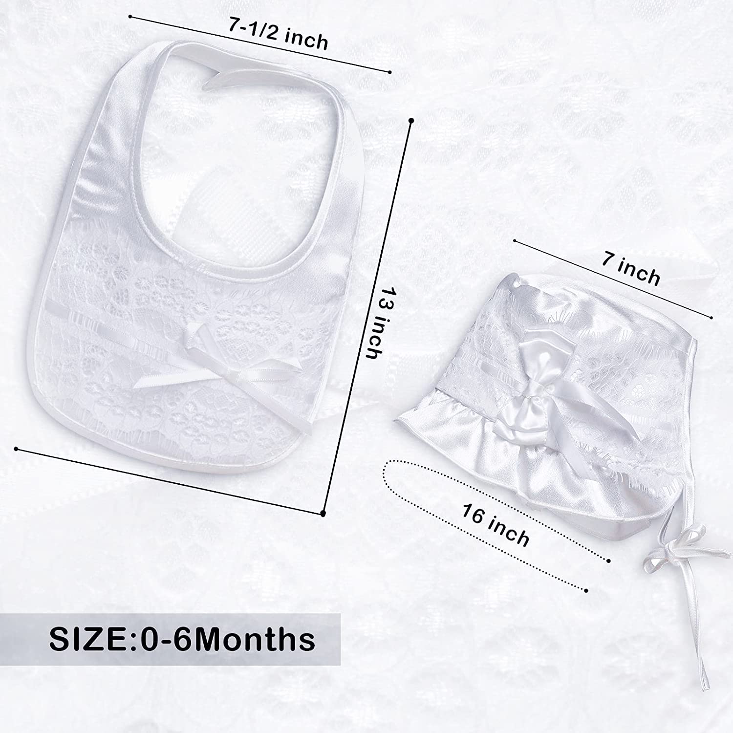 Booulfi Baptism Bib White Bibs for Baby Girl, Infant Toddler Feeding Bibs and Hat Set with Lace Satin Ribbon