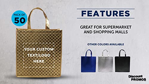 DISCOUNT PROMOS Custom Luxurious Laminated Tote Bags Set of 50, Personalized Bulk Pack - Reusable, Great for Shopping, Beach, Wedding Favors - Gold