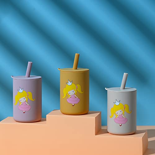 JOYIT Silicone Baby Open Cup with Straw, Baby Toddlers Open Cup 6 oz, Training and Learning Tumbler Cup (Princess-Beige)